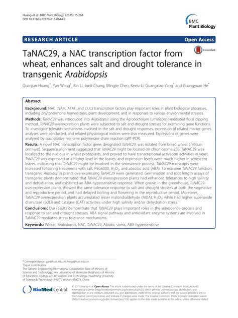 Pdf Tanac29 A Nac Transcription Factor From Wheat Enhances Salt And Drought Tolerance In