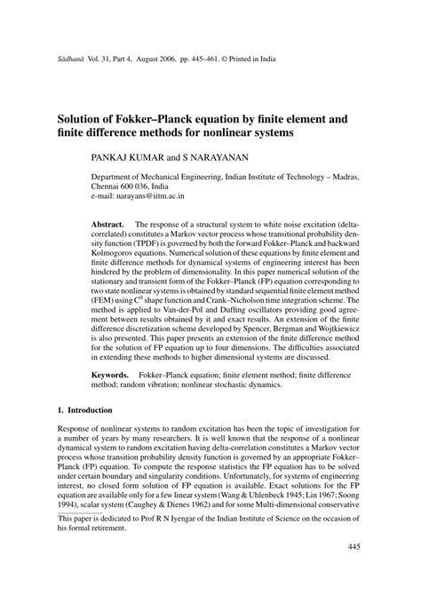 Pdf Solution Of Fokker Planck Equation By Finite Element And Finite Difference Methods For