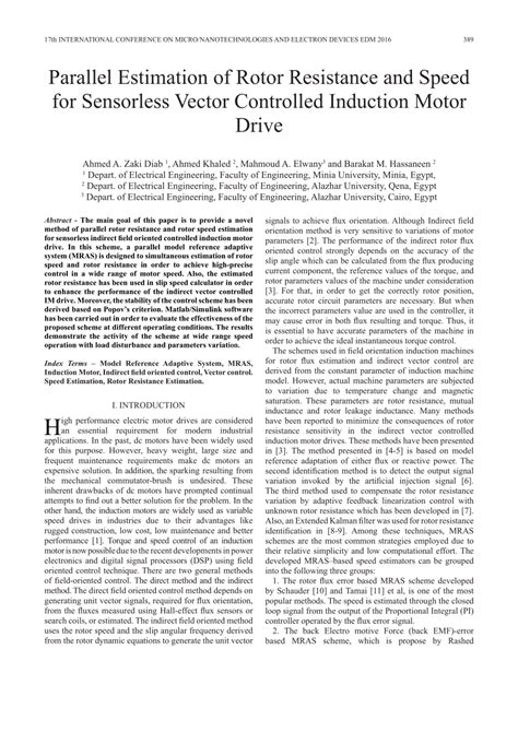 Pdf Parallel Estimation Of Rotor Resistance And Speed For Sensorless Vector Controlled