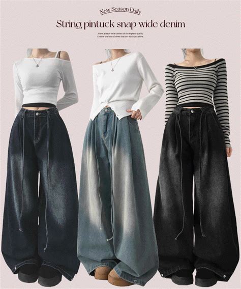 [밑단스냅버튼 앞핀턱დ 허리조절스트링 와이드데님팬츠 사계절 하이웨스트 롱 데님 워싱] 스트링핀턱스냅와이드데님 에이블리