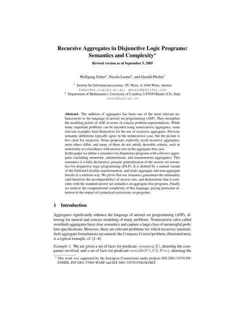 Pdf Recursive Aggregates In Disjunctive Logic Programs Semantics And