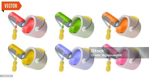 3d 수정 및 수리 개념 다른 색상 버킷 및 페인트 롤러 세트 만화 디자인 스타일 벡터 가사 집안일에 대한 스톡 벡터 아트 및 기타 이미지 가사 집안일 가정용 장비