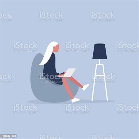 사무실 가구입니다 콩 부 대의 자에 앉아 젊은 여성 관리자 일상 생활입니다 평면 편집 가능한 벡터 일러스트 레이 션 클립 아트 앉음에 대한 스톡 벡터 아트 및 기타 이미지