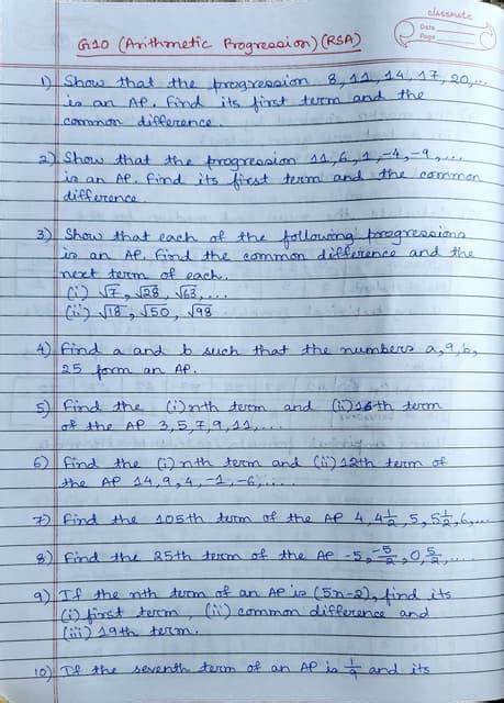Grade 10 Cbse Arithmetic Progression Worksheet Rsa Pdf