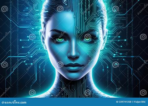 Digital Silhouette Of A Womanâ€™s Face Merging With Circuit Board Pathways And Glowing Binary