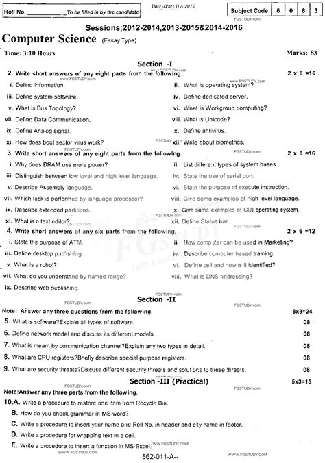 11th Class Computer Science Past Paper 2016 Rawalpindi Board Subjective