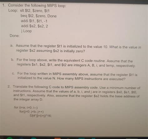 solved 1 consider the following mips loop loop slt t2