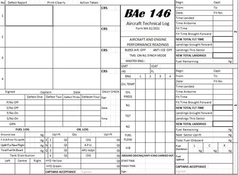 Bae146 Tech Log Sheet For Microsoft Flight Simulator Msfs