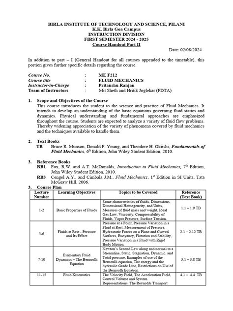Me F212 Handout 2024 Pdf Fluid Dynamics Applied And