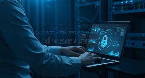 Cybersecurity Expert Monitoring Data Protection On A Laptop In A Server