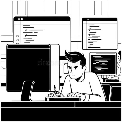 A Man Programmer Sits In An Office At A Computer And Writes Program Code Stock Vector
