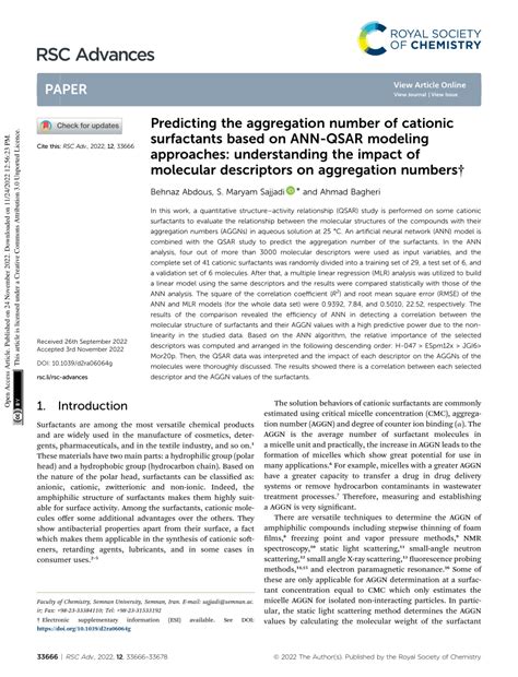 PDF Predicting The Aggregation Number Of Cationic Surfactants Based On ANN QSAR Modeling