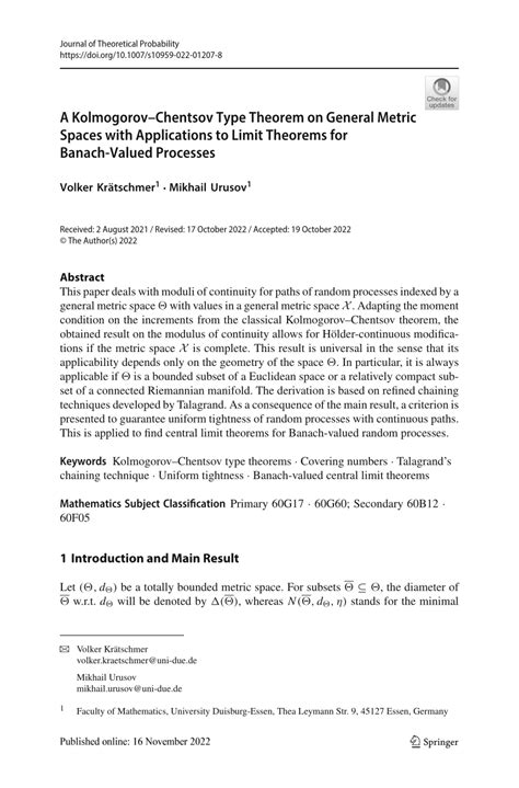 Pdf A Kolmogorov Chentsov Type Theorem On General Metric Spaces With Applications To Limit