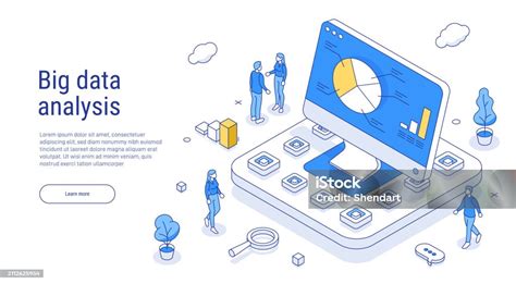 빅 데이터 분석 도구 개요 등각 투영 개념 컴퓨터 화면의 그래프 또는 다이어그램 프로젝트에서 함께 작업하고 보고서 그래프 차트 및 기타 기업 데이터를 분석하는 캐릭터 3차원