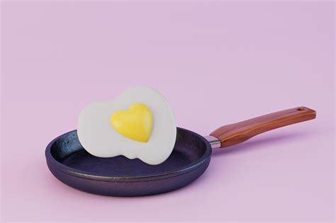 빠른 아침 식사 준비 분홍색 배경에 프라이팬에 심장 노른자가 있는 스크램블 에그 3d 렌더링 건강에 좋지 않은 음식에 대한 스톡