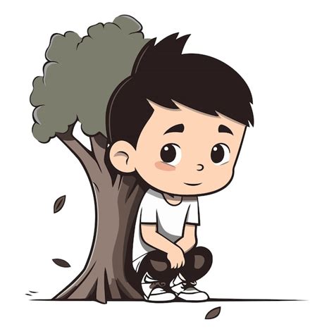 나무 에 앉아 있는 귀여운 작은 소년 터 만화 일러스트레이션 프리미엄 벡터