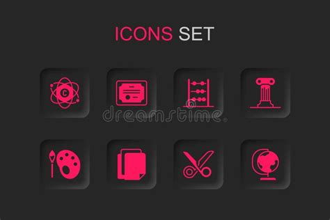 Set File Document Certificate Template Atom Scissors Law Pillar Earth Globe Abacus And