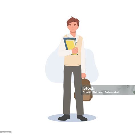 한국 학생 캐릭터 책과 가방을 들고 교복을 입은 남자 학생의 전체 길이 학습 및 교육 개념입니다 고등학교에 대한 스톡 벡터 아트