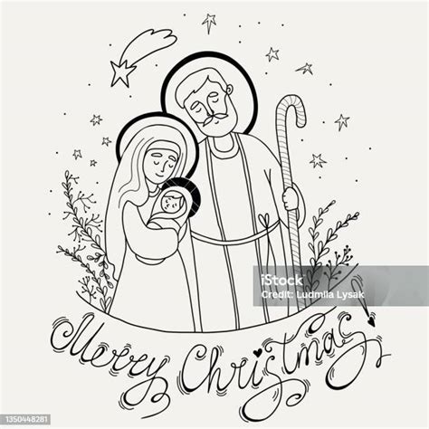 그리스도의 출생예수 성어 마리아 요셉 아기 예수 거룩한 가족의 벡터 일러스트 선형 손 그리기 윤곽선 메리 크리스마스 인사말 카드 가족에 대한 스톡 벡터 아트 및 기타 이미지