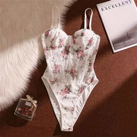 Printed Lace Shapewear Bodysuit Straps Bones Jumpsuit Thongs Women