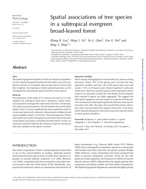 Pdf Spatial Associations Of Tree Species In A Subtropical Evergreen Broad Leaved Forest