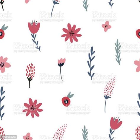 흰색 배경에 야생 꽃과 매끄러운 다채로운 꽃 패턴 심플한 스칸디나비아 스타일 0명에 대한 스톡 벡터 아트 및 기타 이미지 0명 귀여운 꽃 식물 Istock