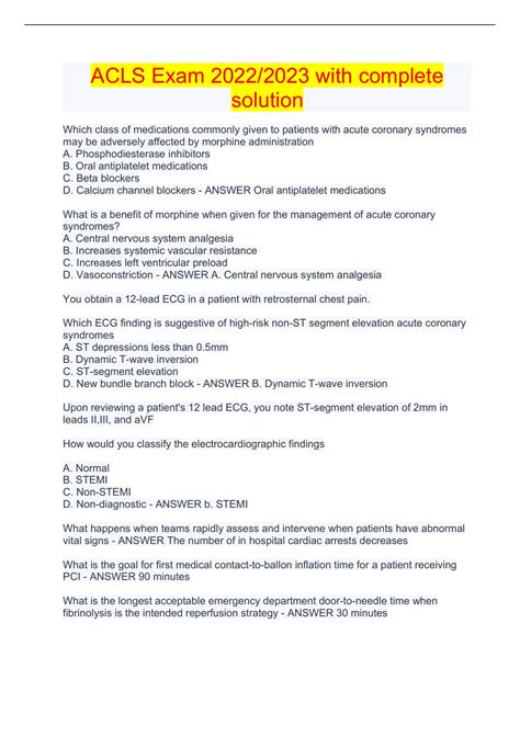 Advanced Cardiac Life Support ACLS Exam 2022 2023 With Complete Solution Acls Stuvia UK