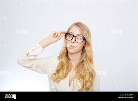 Girl With Nerd Glasses Isolated On White Stock Photo Alamy