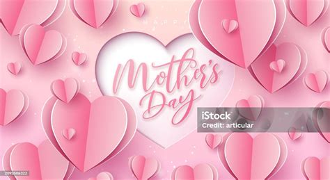 해피 어머니의 날 배너 또는 엽서 종이 하트와 타이포그래피 편지 핑크 배경 인사말 카드 전단지 초대장 브로셔 포스터에 대 한 사랑의 상징과 벡터 엄마 축하 디자인 0명에