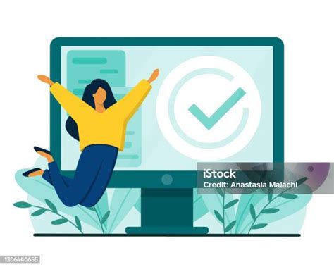 체크 표시 기호와 행복 한 여자와 바탕 화면 작업 개념이 완료되거나 완료되었습니다 플랫 스타일 벡터 일러스트레이션 컴퓨터에 대한
