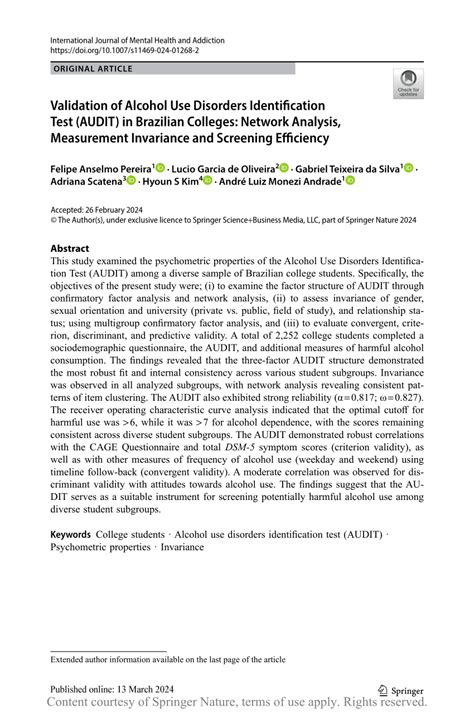 Validation Of Alcohol Use Disorders Identification Test Audit In Brazilian Colleges Network