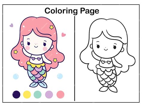 색칠 인어 공주 만화 귀여운 그림 프리미엄 벡터