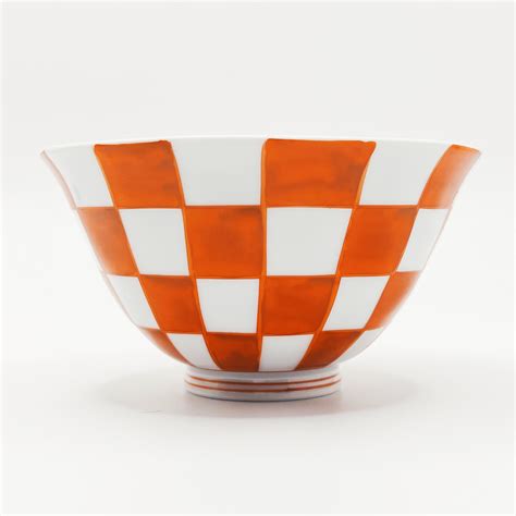 Red And White Small Checkerboard Bowl Raku
