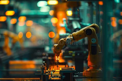 Abstract Blurred Bokeh Factory Background With Robotic Assembly Line