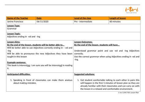 Summary Lesson Plan Assingment 2 Adjectives Ending In Ed Tefl Teacher