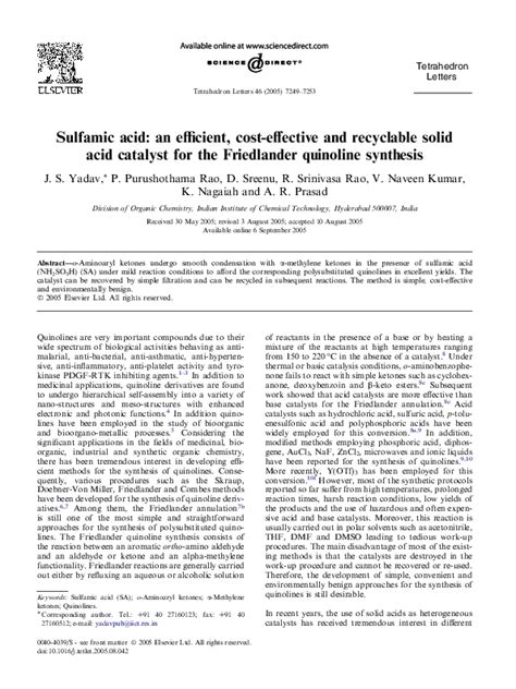 Pdf Sulfamic Acid An Efficient Cost Effective And Recyclable Solid Acid Catalyst For The