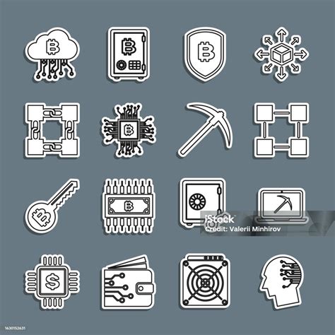 라인 브레인을 디지털 회로 기판으로 설정하고 노트북과 곡괭이로 채굴 블록체인 기술 비트코인 방패 Cpu 채굴장 암호화폐 클라우드 및 곡괭이 아이콘으로 설정합니다 벡터 0명에