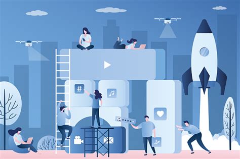 스마트 가젯을 가진 프로그래머와 비즈니스 사람들은 응용 프로그램을 개발합니다 팀워크 및 스타트업 컨셉 개발에 대한 스톡 벡터