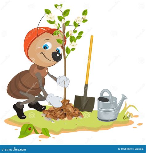 Ant Gardener Planting Tree Seedling Fruit Tree Stock Vector