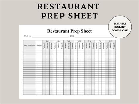 Restaurant Prep Sheet Food Prep Chart Food Prep Sheet Restaurant