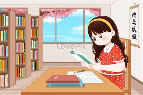 도서관에서 독서하는 소녀 일러스트 무료 다운로드 Lovepik