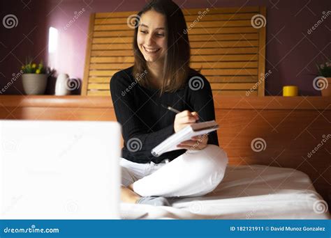 University Student Doing An Online Class At Home Stock Image Image Of