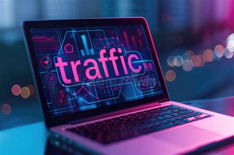 Laptop With The Word Traffic Displayed On The Screen Background With Vibrant City Lights