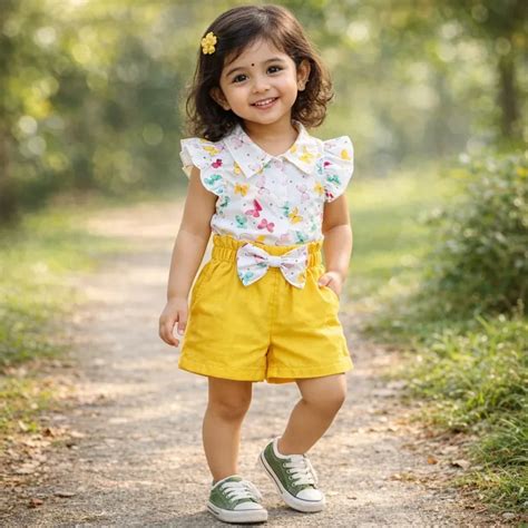 Girls Butterfly Print Top And Yellow Shorts Set Summer Wear