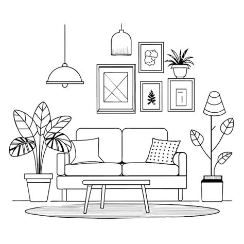 식물 몬스테라와 함께 소파와 램프와 테이블의 연속적인 한 줄 그림 프리미엄 Ai 생성 벡터