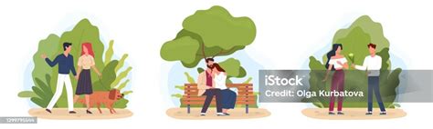 공원 산책 사람들은 젊은 커플 캐릭터는 야외에서 휴식 자연 환경장면 사랑에 커플 산책 개 첫 데이트 벤치에 포옹 사랑과 관계 벡터 만화 세트 개에 대한 스톡 벡터 아트 및