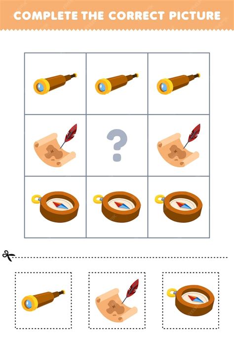 귀여운 만화 망원경 보물 지도 또는 나침반 인쇄 가능한 해적 워크시트의 올바른 그림을 선택하고 완료하는 어린이를 위한 교육 게임