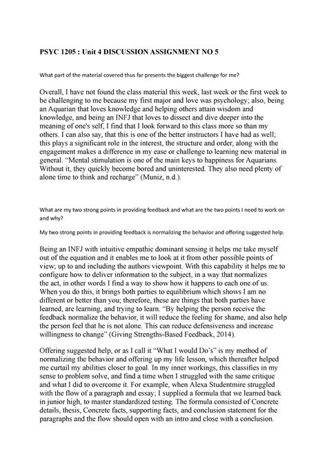 PSYC 1205 UNIT 4 DF Assignment Number 5 PSYC 1205 Unit 4 DISCUSSION