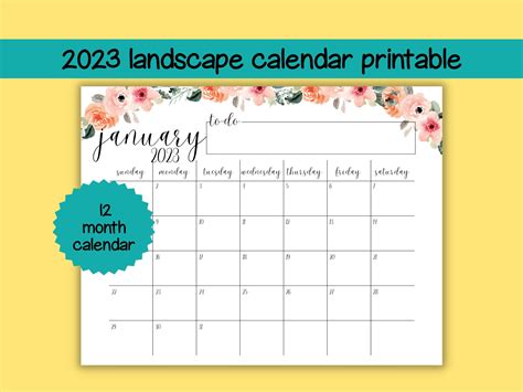 2023 Landscape Calendar Printable Horizontal Planner Insert Etsy