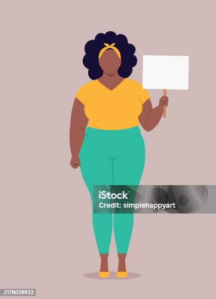 Plus Size Black Woman Holding An Empty Placard Notice Board Signboard Signage Stock Illustration
